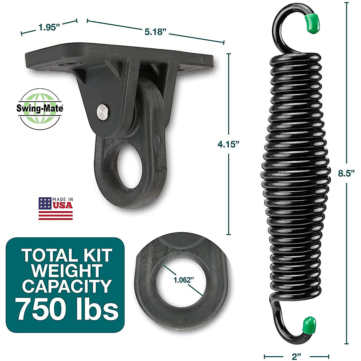 SwingMate Porch Swing Hanging Kit - 750 Lbs. Capacity - Proudly Made in The USA - Patented Heavy-Duty Suspension Swing Hangers and Springs for Hammock Chairs or Ceiling Mount Porch Swings (Black)