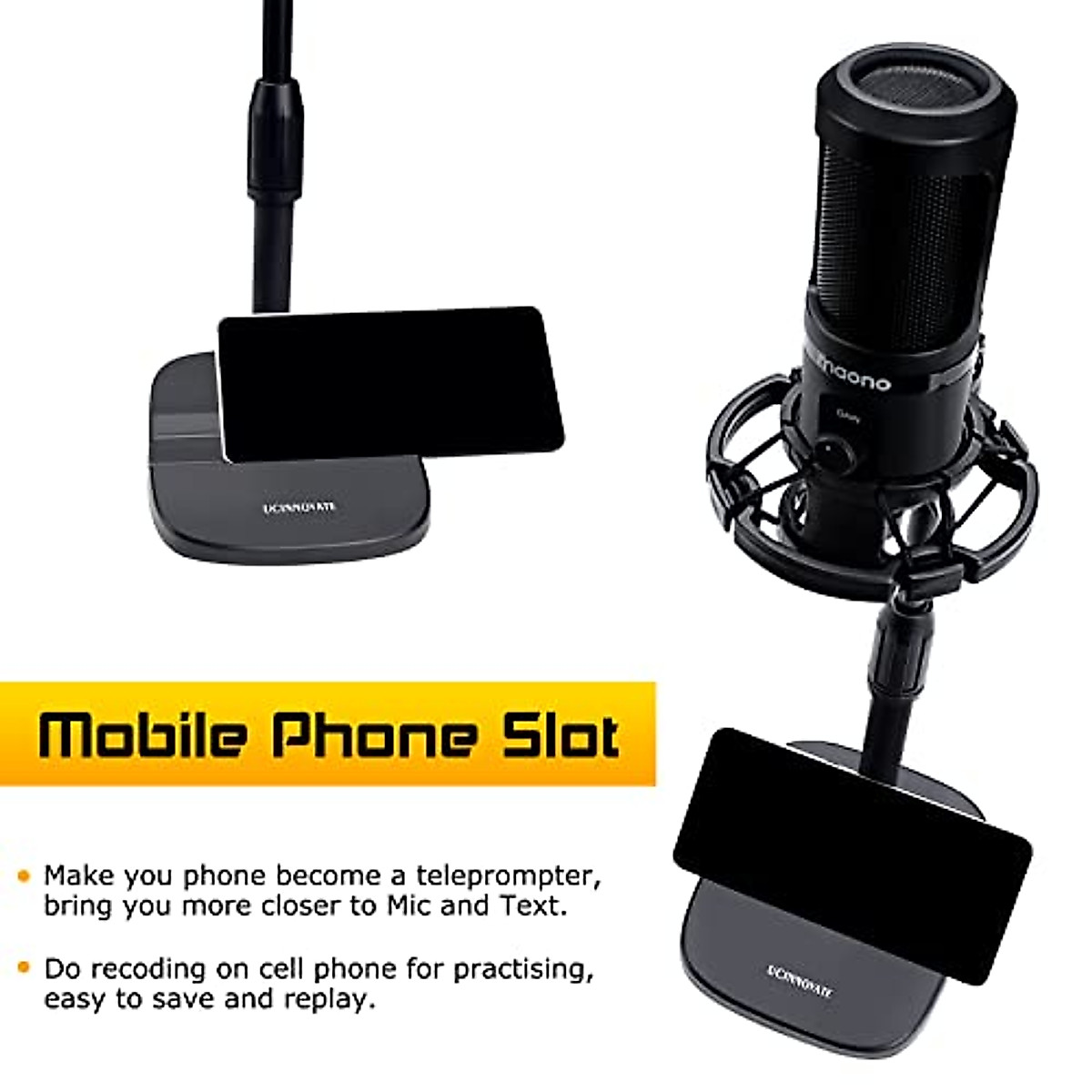 Desktop Microphone Stand, Podcast Microphone Stand, Table Gaming Mic Stand, Height Adjustable with Shock Mount, Mic Clip Phone Slot Weighted Base for Broadcast Studio Recording for AT2020 Shure Rode