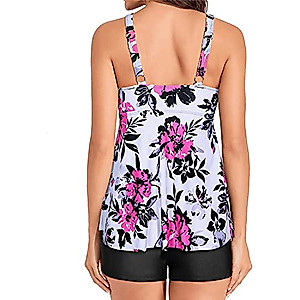 Yonique Women 2 Piece Flowy Tankini Swimsuits with Boyshorts V Neck Swim Tank Tops Bathing Suits Modest Swimwear Pink Flower XL