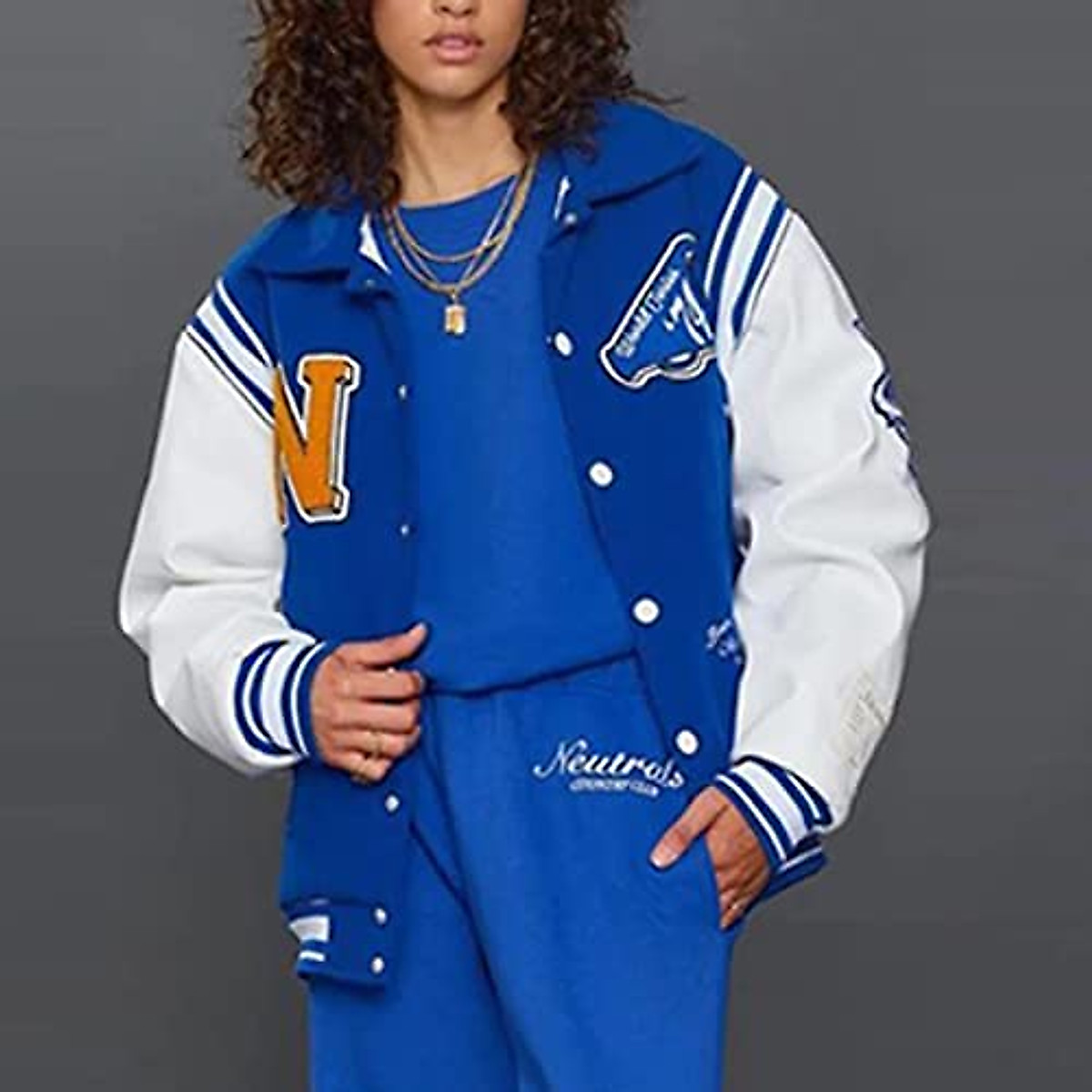 Creaion Men's Varsity Jackets Letterman Jacket Baseball Football Jacket Racer Jacket Y2K Blue and White Jacket Men Bomber Jacket