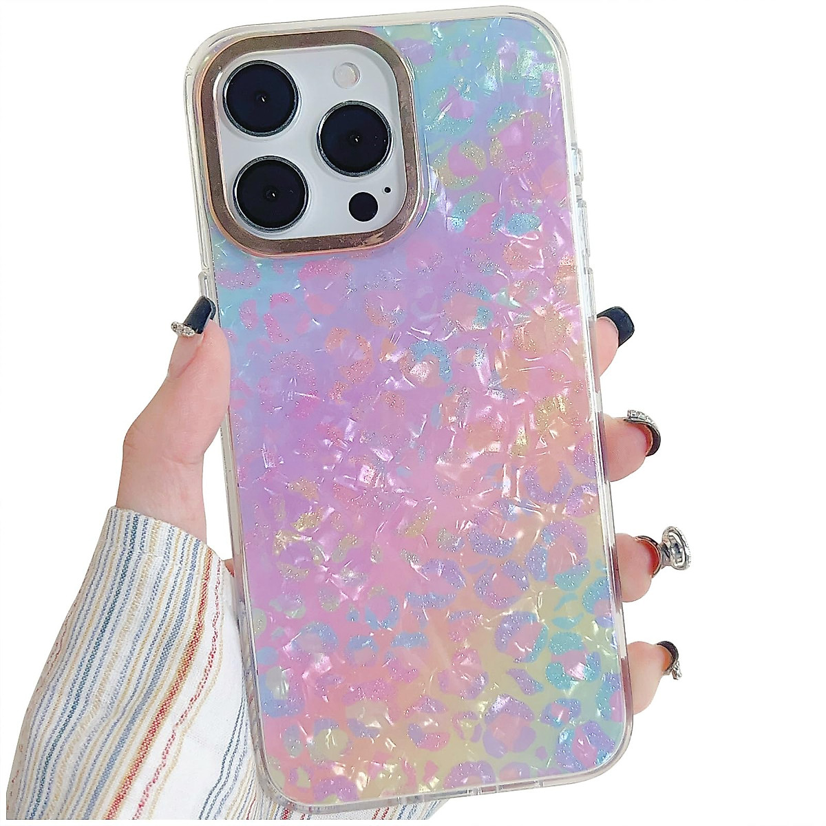 YeLoveHaw for iPhone 15 Pro Max Phone Case for Women Girls, Glitter Pink Purple Leopard Print Pattern, Shiny White Shell Slices, Slim Hard Protective Cover for iPhone 15ProMax 6.7''(Colorful Leopard)