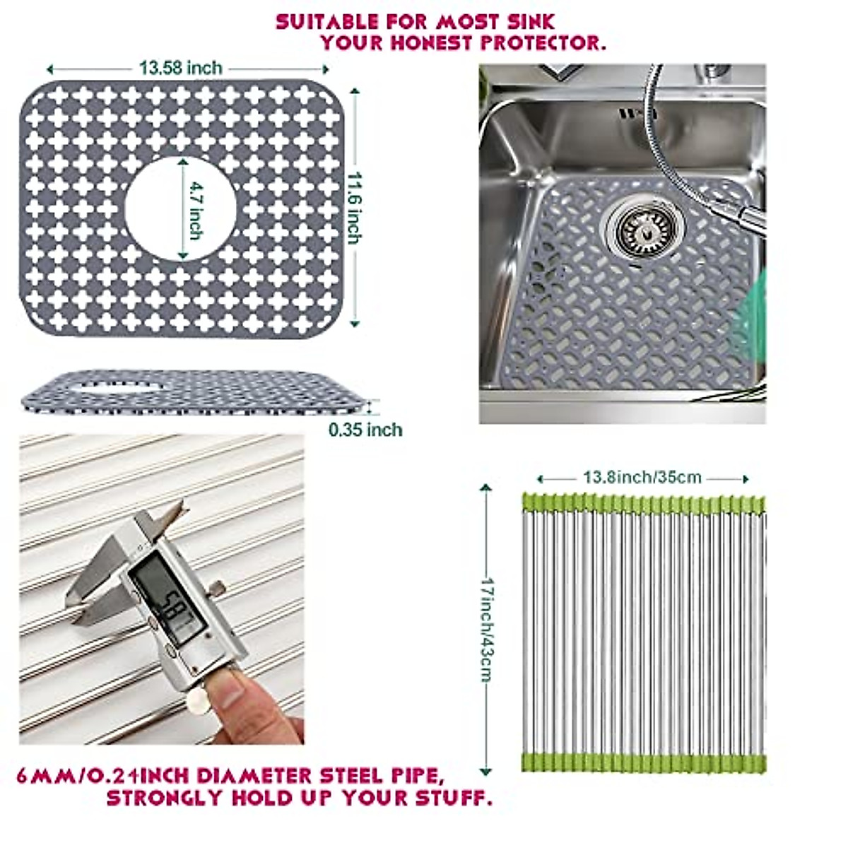 Kitchen Sink Silicone Protector Mat: 2 PCS Sink Mats 1 Drying Rack for Center Drain, Folding Non-slip Support Grid Sink Mat for Bottom of Stainless Steel Porcelain Sink Protectors Mat 13.8'' x 11.8''