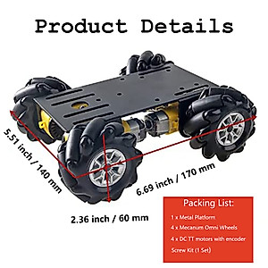 Professional 60mm Mecanum Wheel Car Chassis MC100 for Arduino/Raspberry pi/Micobit, Remote Control 4WD Metal Smart Robot Car Chassis Kit Omnidirectional Wheel with DC TT Motor DIY Toy AI ROS STEAM