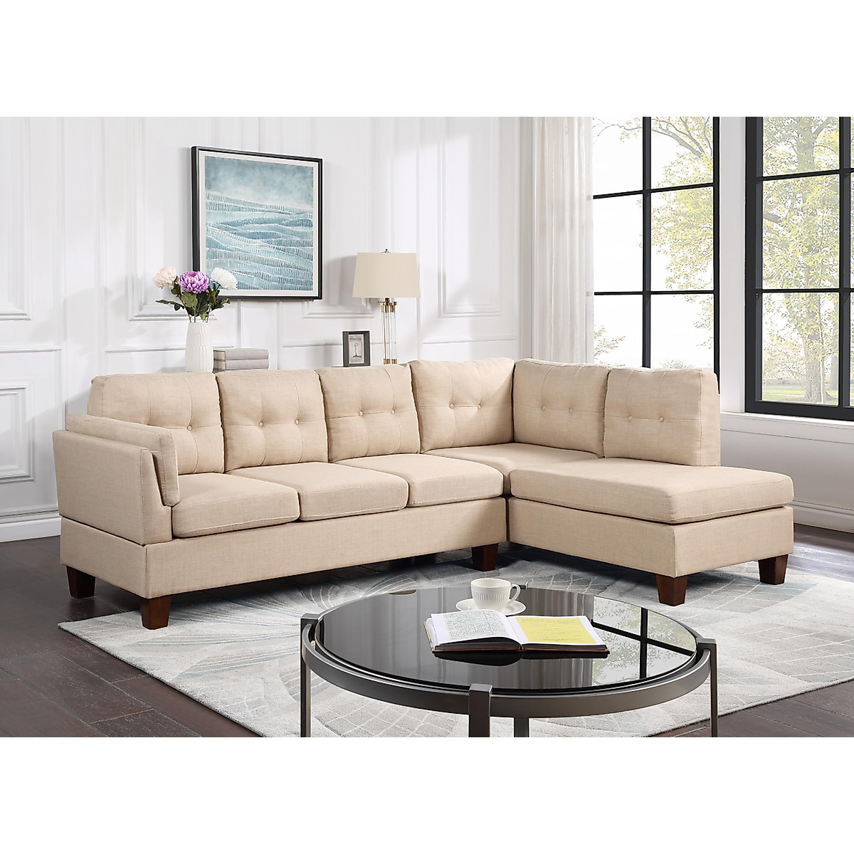 Dalia Khaki Linen Modern Sectional Sofa with Right Facing Chaise