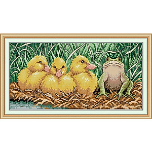 14 CT Cross Stitch Kits for Beginners Ducks & Frog Printed Stamped Cross-Stitch Supplies Needlework Printed Embroidery Kits DIY Kits Needlepoint Starter Kits 33×18cm