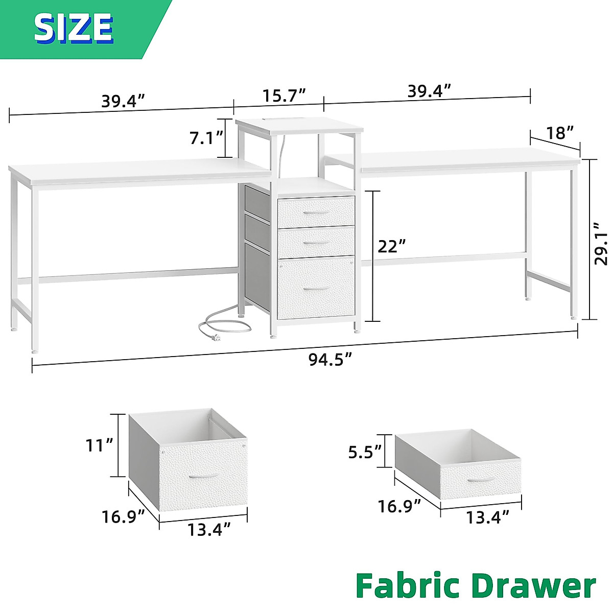 GYIIYUO 94.5'' Two Person Desk with Charging Station, Long Desk with 3 Drawers and Printer Shelf, Double Computer Desk, Fabric Drawers, 2 Person Writing Study Table Workstation for Home Office, White