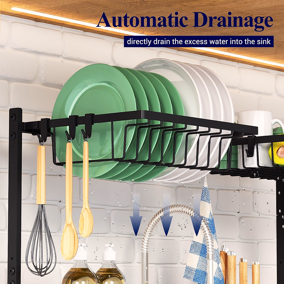 Kitsure Over The Sink Dish Drying Rack - 23.6" to 35"x21.2", Adjustable Sink Drying Rack for Kitchen Sink with Large Capacity, 2-Tier Dish Rack Over Sink with Multifunctional Baskets,Black