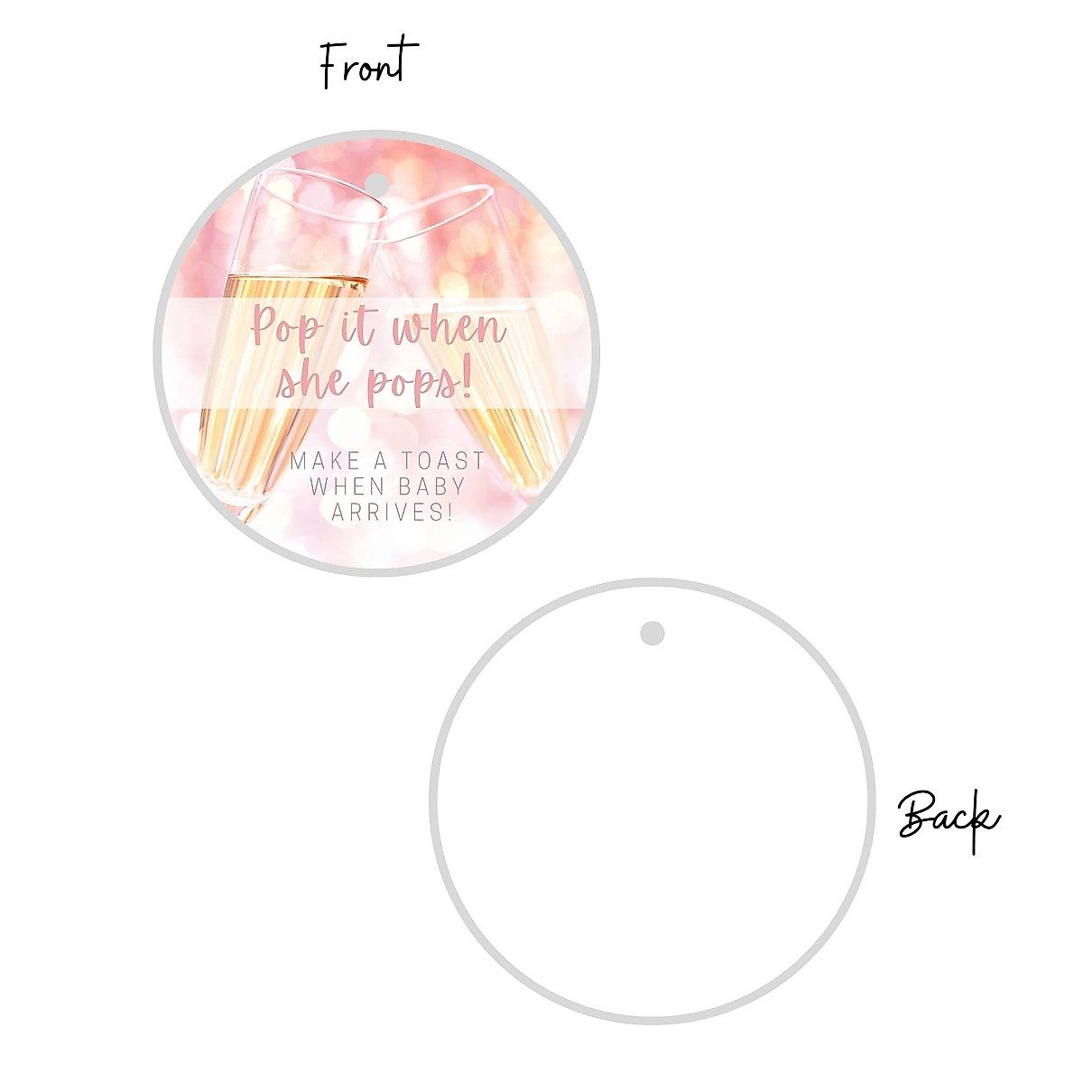 Crafters Cup Pop It When She Pops Champagne Tag | 30 Pack | 2.5'' inch Circle Tag with Pre-Cut Hole | Baby Shower Party Favor Tag | Pink Champagne Design for Baby Girl (Pop It Tag Pink), POP-CH-P-18