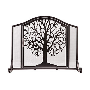 Plow & Hearth Metal Fireplace Screen Tree of Life Black | 44" W x 33" H | Flatguard | Spark Guard Grate | Iron Fire Place Cover | Wood Stove Accessories