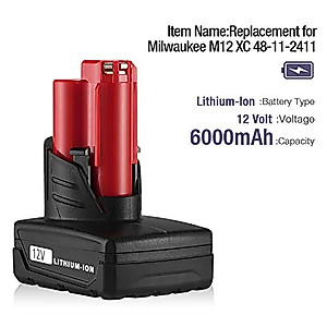 Powerextra M12 Battery 6.0Ah, Replacement Milwaukee m12 Battery, Compatible with Milwaukee M12 Tools 48-11-2410/48-11-2420/48-11-2411/48-11-2401/48-11-2402, Replace for Milwaukee 12v Battery (2 Pack)
