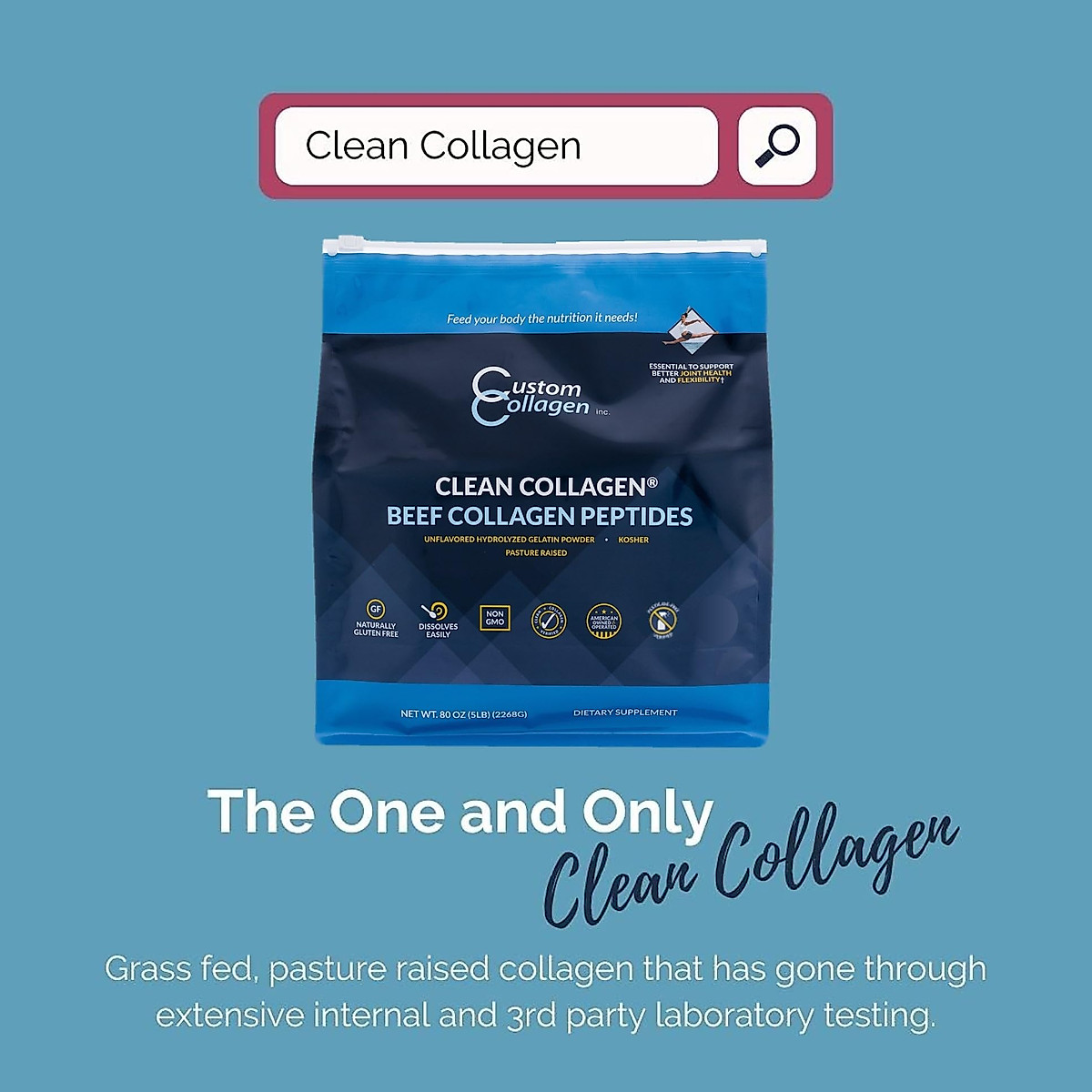 Collagen Peptides Powder 5lb (80oz) Pouch - Clean Collagen® - Unflavored, Grass Fed, Paleo, Non GMO, Kosher - Highly Soluble Protein