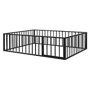 WADRI Metal Floor Bed Frame with Fence-Shaped Safety Guardrails and Door, Queen Size Floor Bed, Montessori Bed Platform Bed Frame for Kids Boys Girls Bedroom (Black + Metal-11)