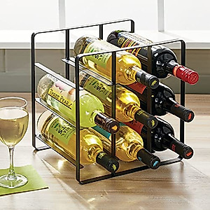 mDesign Metal Farmhouse Free-Standing Water Bottle and Wine Rack Storage Organizer for Kitchen Countertops, Pantry, Fridge - 3 Tiers, Holds 9 Bottles - Black