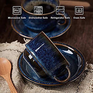 JIEMEI HOME Porcelain Stackable Espresso Cups with Saucers and Metal Stand,4 Ounce Demitasse Cups for Coffee Drinks, Latte, Tea - Set of 6, Stackable Espresso Mugs, Reactive Glaze, Bule