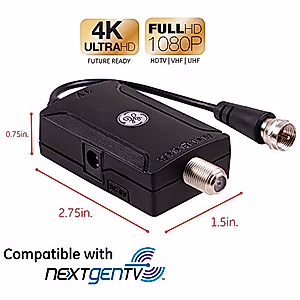 GE Indoor HD Digital TV Antenna Amplifier, Low Noise Antenna Signal Booster, Clears Up Pixelated Low-Strength Channels, Supports HD Smart TV VHF UHF, AC Adapter, Black, 42178