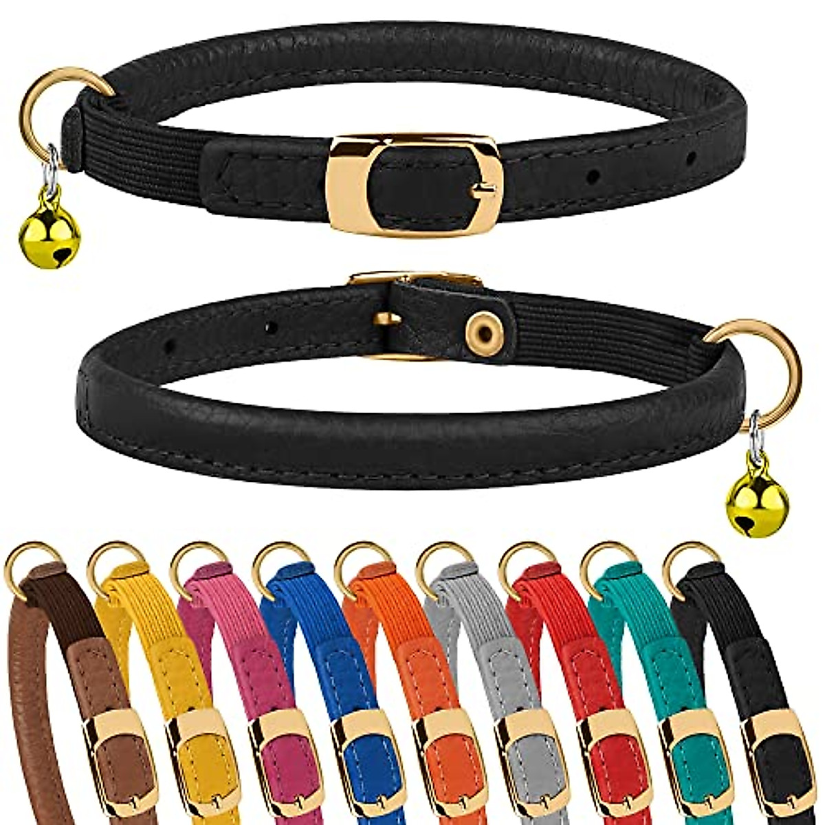 Murom Rolled Leather Cat Collar with Elastic Strap Safety Adjustable Pet Collars for Cats Kitten Yellow Red Pink Blue Orange Brown Gray (Black)