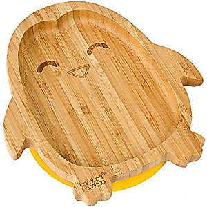 Bamboo Baby Plate with Suction - Kids and Toddler Suction Cup Plate for Babies, Non-toxic All-Natural Bamboo Baby Food Plate Stays Cool to the Touch for Baby-Led Weaning (Penguin-Yellow)