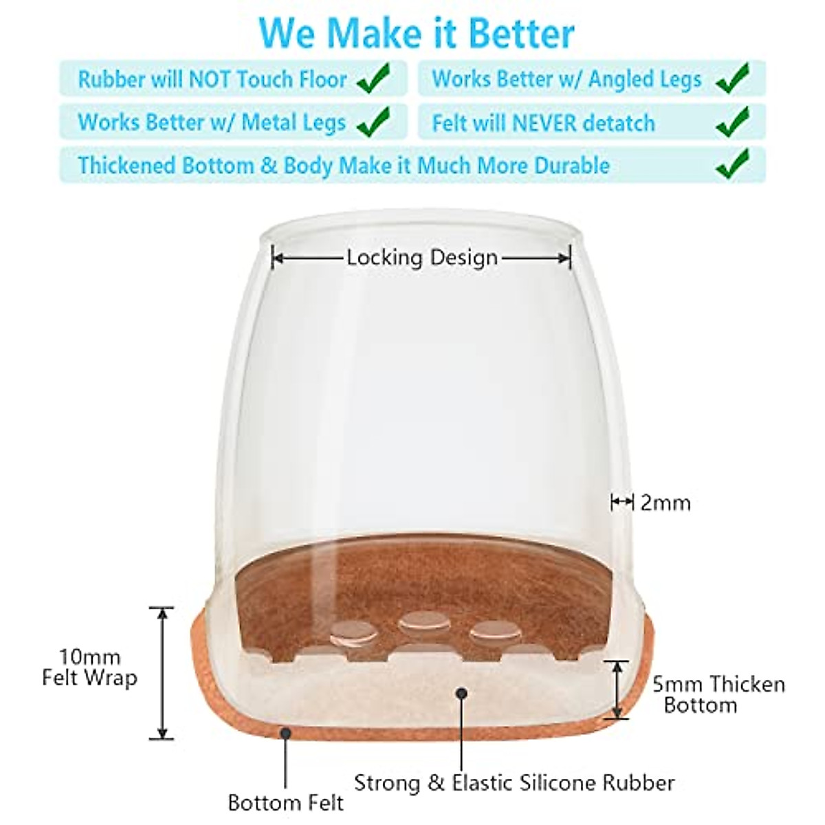 16 Pack Chair Leg Floor Protectors for Hardwood Floors, Round Rubber Furniture Sliders, 360°Felt Pad Bottom Wrapped Thickening Silicone Furniture Legs Caps Covers(Square,Clear-Brown-L)