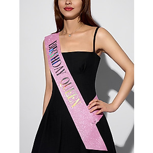 SWEETV Birthday Crowns for Women Pink Birthday Queen Sash and Tiara Set Rhinestone Princess Headband for Birth Day Party Photograph