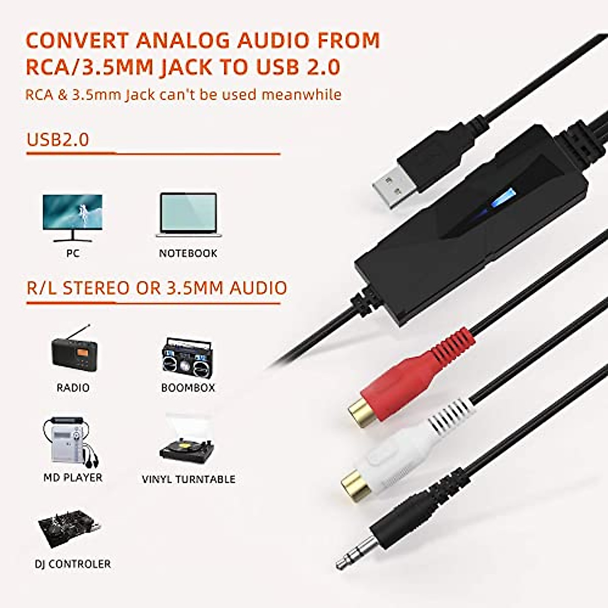 DriverGenius AV202-B USB2.0 Audio Capture/Grabber Card Device - Analog Cassette to Digital MP3 Converter - Compatible for Windows 11, macOS
