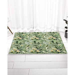 Edwiinsa Tropical Flower Plush Rug Non Slip Bathroom Mat, Soft Shaggy Bath Rugs Entryway Rug 18'' x 30'', Green Palm Leaves Botanical Spring Summer Throw Floor Carpet Mat for Bathroom Shower Kitchen