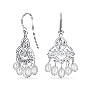 Boho Ethnic Indian Style White Freshwater Culture Pearl Fringe Chandelier Earrings Western Jewelry For Women Teen .925 Sterling Silver Fish hook