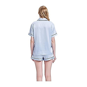 Pure as a lotus Women Sleepwear Sets Silk Pajamas Set Loungewear Button-Down Two-piece Pj Sets Shorts Nightwear Set Blue