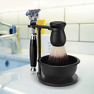PerPro Matte Black Heavyweight Base Shaving Stand with Shave Soap Bowl and Soft Nylon Shaving Brush with Anti-skid Handle Compatible with Most Safety Razors, Men's Grooming Kit for Gent Mens