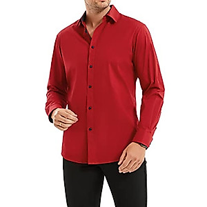 Alex Vando Mens Dress Shirts Regular Fit Long Sleeve Stretch Business Dress Shirts for Men,Red,Large