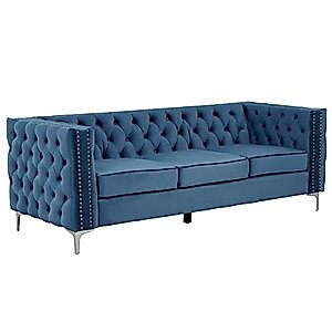 Morden Fort Sofas for Living Room, 85" Blue Chesterfield Sofa with Button Tufted & Nailhead Trim, Classic Velvet Upholstered Sofa for Office, Apartment, Home