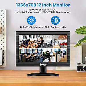 Eyoyo 12" Inch TFT LCD Monitor with AV HDMI BNC VGA Input 1366x768 Portable Mini HD Color Screen Display with Built-in Speaker
