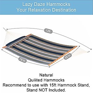 Lazy Daze Hammocks 12 FT Quilted Fabric Hammock with Spreader Bar, 2-Person Double Hammock with Chains and Pillow, Outdoor Hammock for Outside Patio Poolside Backyard Beach, 450 lbs Capacity, Froest