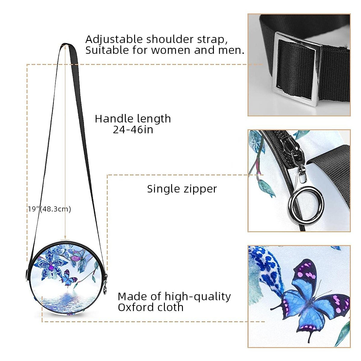 Crossbody Bags for Women, Floral Tropical Orchids Butterfly Round Crossbody Wallet, Fashion Circle Purse Clutch Handbag