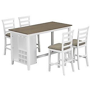 5-Piece Rustic Dining Table Set, Rubber Wood Counter Height Table with 4 Padded Chairs and Integrated 9 Bar Wine Compartment, Wineglass Holdersc for Dining Room Kitchen (Brown + White Wash-04)