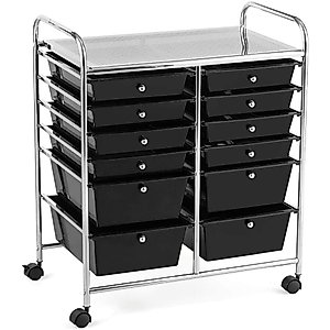SPSUPE 12-Drawer Rolling Storage Cart, Utility Cart Storage Shelves with 4 Universal Wheels, Tools Scrapbook Paper Organizer, Ideal for Home Kitchen Office Organizing (Black)