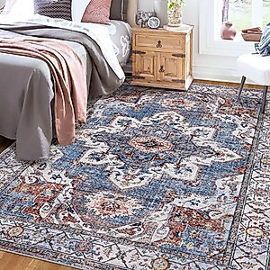 8x10 Area Rugs for Living Room Bedroom: Large Washable Rug with Non-Slip Backing Non-Shedding Stain Resistant, Boho Floral Large Carpet for Dining Room Nursery Home Office Indoor Gray Blue/Brown