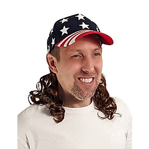 HandinHandCreations USA Stars and Stripes Brown King Mullet Hat Wig Merica 4th of July Hillbilly American Costume
