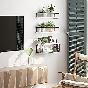 Fixwal 3+1 Tier Wall Mounted Floating Shelves with Metal Frame, Rustic Wood Bathroom Shelves Over Toilet with Wire Storage Basket and Towel Bar for Bathroom, Kitchen, Bedroom (White)