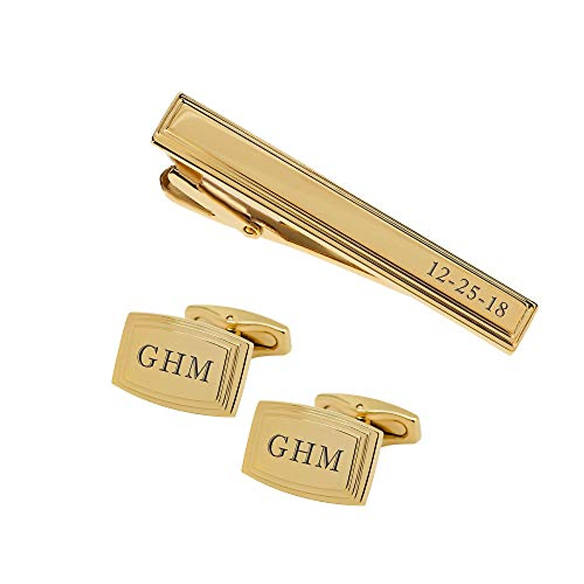 Personalized Gold Beveled Edge Cufflinks & Tie Clip Set Monogram Custom Engraved Free - Ships From USA