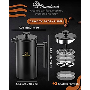 Panabaru French Press Coffee Maker 34oz Double-Wall Insulated Stainless Steel replacement filter included Tea Espresso and cold brew