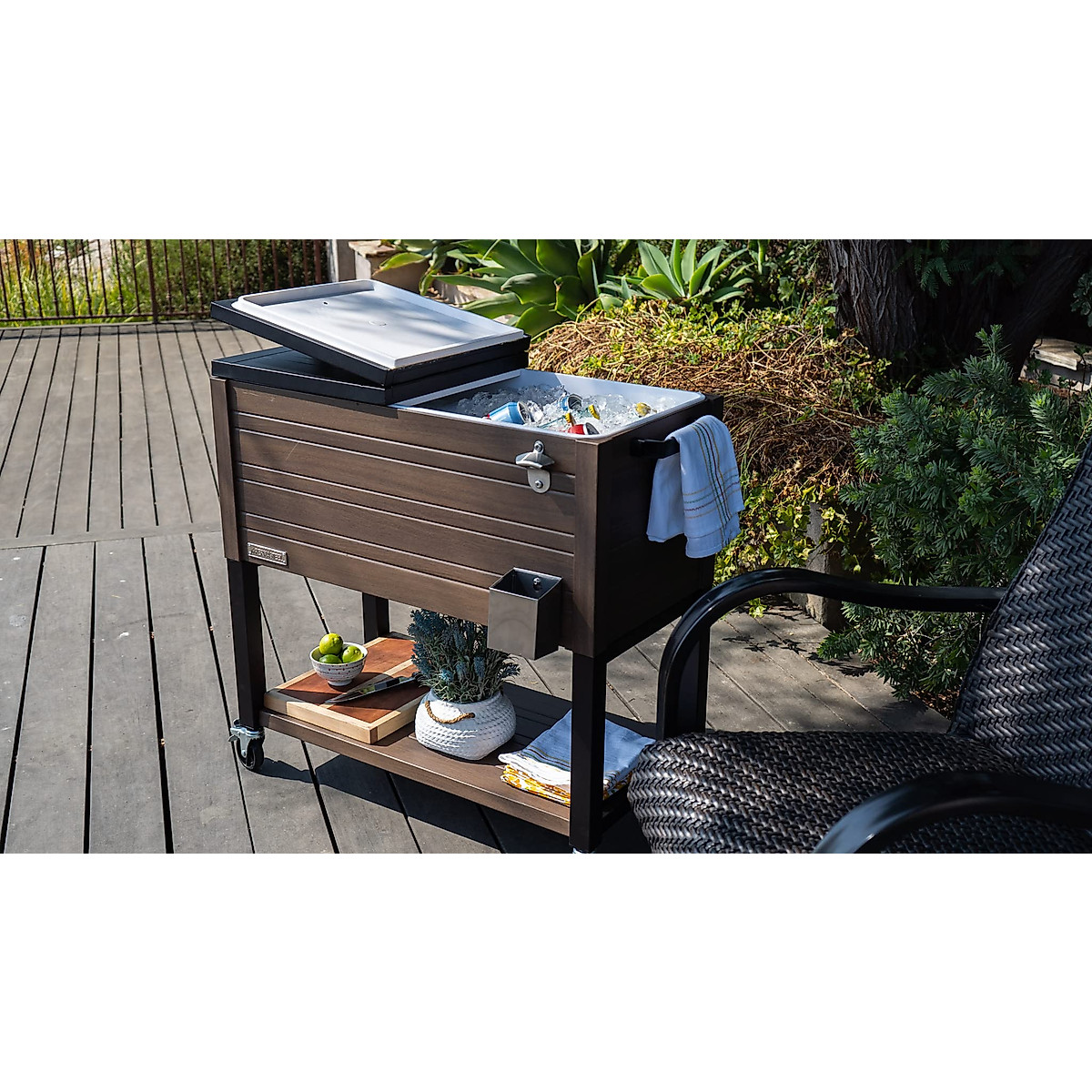 Permasteel 80-Quart Outdoor Patio Cooler with Wheels | Beverage Rolling Cooler for Backyard Deck, PS-A205-80QT-BR, Wood Grain Accent, Brown