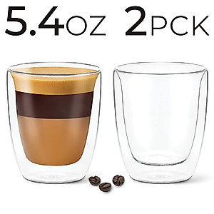 DLux Coffee Mugs, 5.4oz Latte Clear Glass Set of 2 Cups, Lungo Double Wall Insulated Borosilicate Glassware Cup - Wine, Tea Glasses