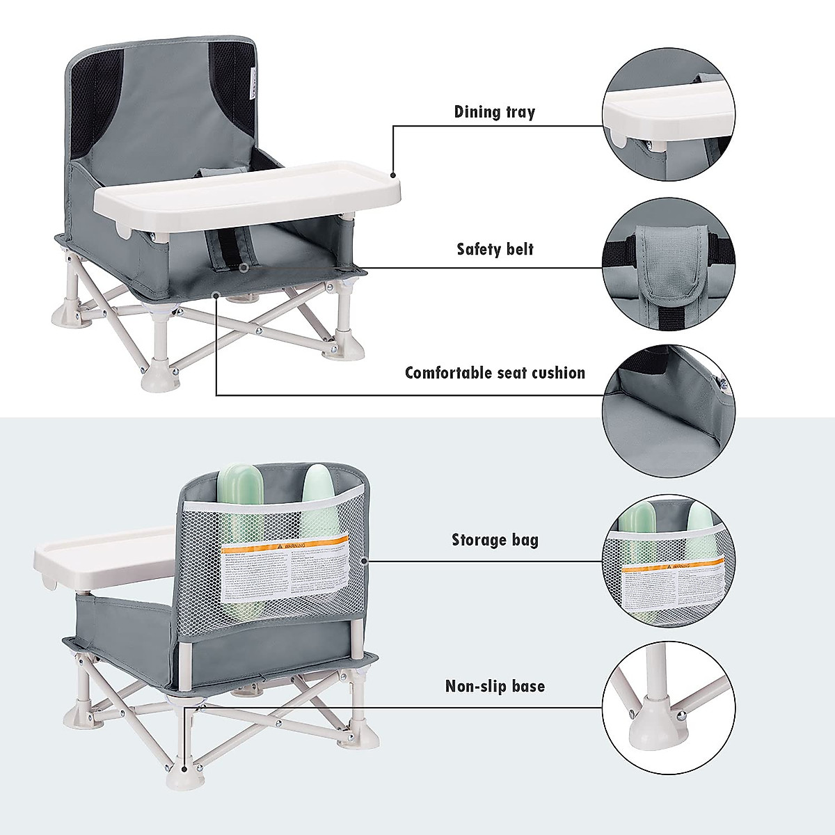 VEEYOO Travel Booster Seat with Tray, Portable Baby Booster Chair Folding Baby Chair for Dining Table, Foldable Baby Seat Pop Up Chair for Dining, Camping, Park, Beach