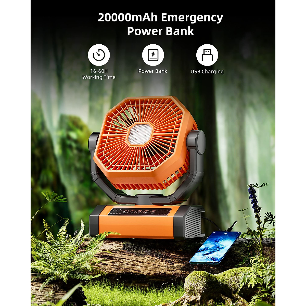 MORIKO 20000mAh Camping Fan with LED Light, Rechargeable Battery Operated Fan with Remote & Hook, 270° Pivot, 4 Powerful Speeds, Quiet Portable Outdoor Fan for Tent Picnic, Beach, BBQ, Jobsite