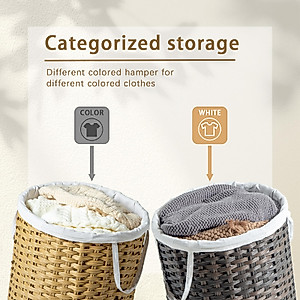 KUREEISE Laundry Basket, Handwoven Rattan Laundry Hamper, No Install Needed, 26.5 Gal (100L) Round Clothes Hamper with Removable Bag & Handles, Foldable Storage Basket for Bedroom（Brown）