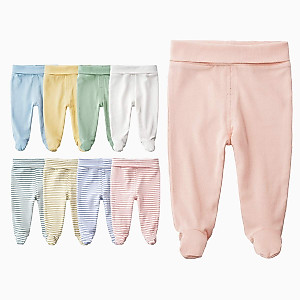 ACESTAR Newborn Infant Baby Boys Girls 3-Pack Cotton High Waist Footed Pants Casual Leggings with Feet 0-3 Months, Green and Green Stripe