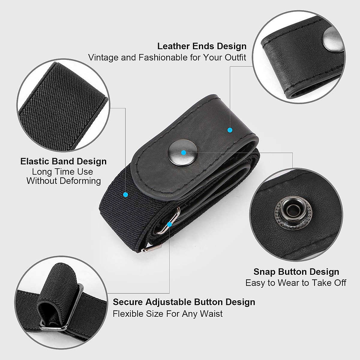 WHIPPY Buckle-Free Comfortable Elastic Belt for Women or Men, Buckle-less No Bulge No Hassle Invisible Belts, Black, Large Size 32-48 inches