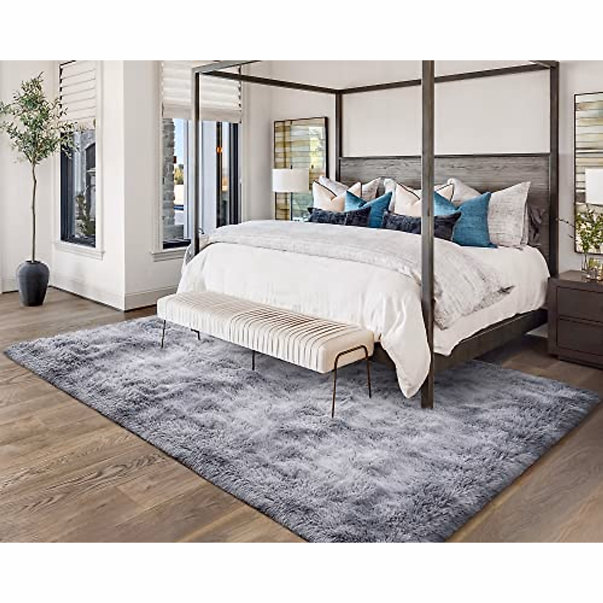 Softlife Fluffy Rug for Living Room, 5x8 Feet Plush Area Rug for Bedroom, Tie-Dyed Grey Furry Shag Rug for Aesthetic Christmas Room Decor, Soft Modern Fuzzy Faux Fur Carpet for Kids Nursery Room Dorm