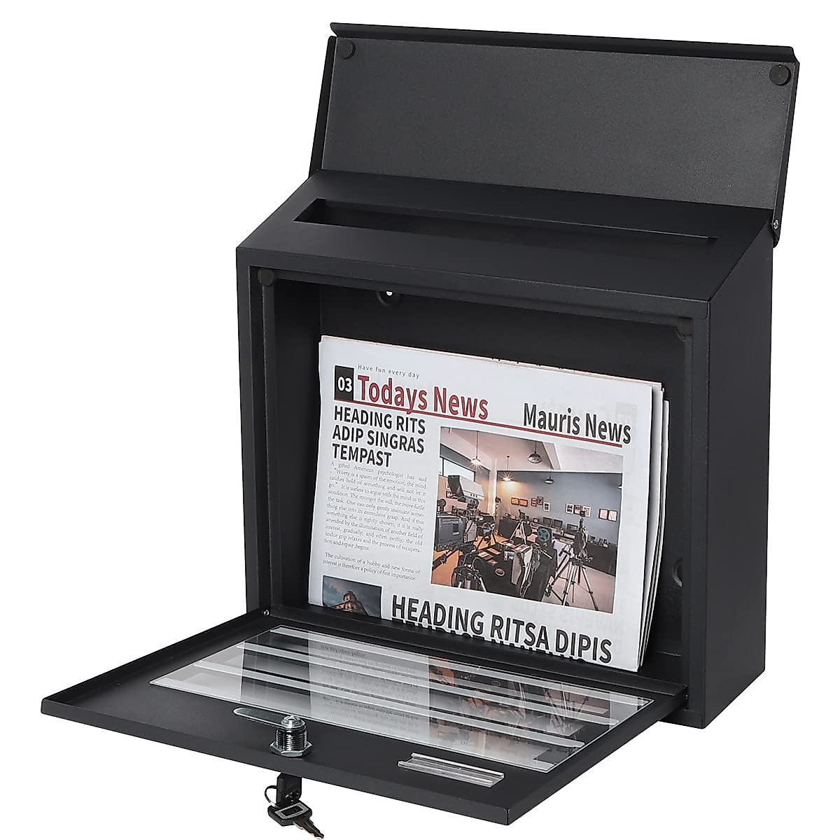 Kasten Wall-Mount Mailbox with Key Lock, Large Capacity Locking Mailbox for Outside, 13.6 x 4.3 x 12.8 Inch, Black
