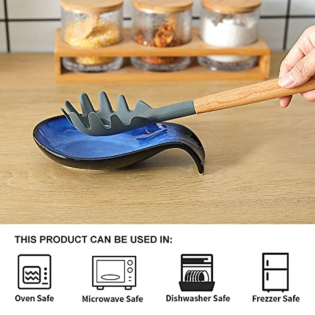 Nihow Ceramic Spoon Rest: 4 Inch Stable Utensil Rest - Heat Resistant Spoon Holder for Kitchen counter/Countertop/Stove Top - Dishwasher Safe - Elegant Blue (1 PC)